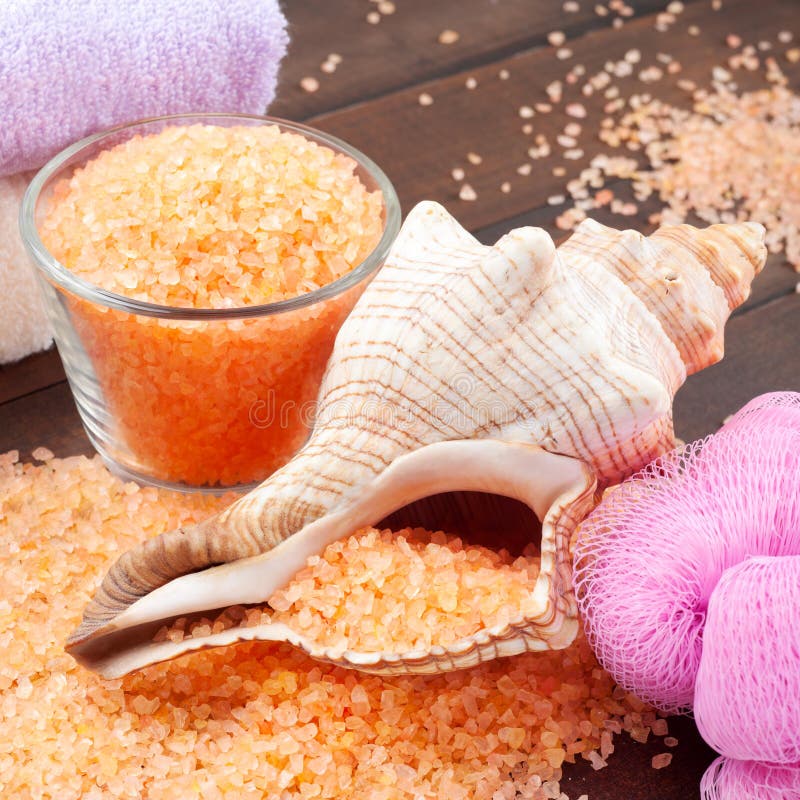 Sea Salt, Towel, Bath Sponge and Shell Stock Image - Image of skincare ...