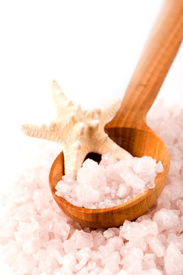 Sea Salt on Wooden Spoon and Starfish Stock Photo - Image of background ...
