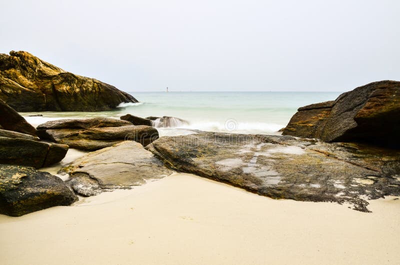 Sea Sand Sky Stone and Wave Stock Image - Image of seascape, scenic ...