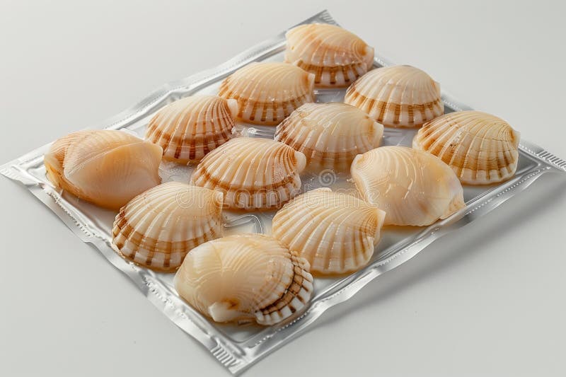 Sea Scallops in Vacuum Packaging on a White Table. Stock Photo - Image ...