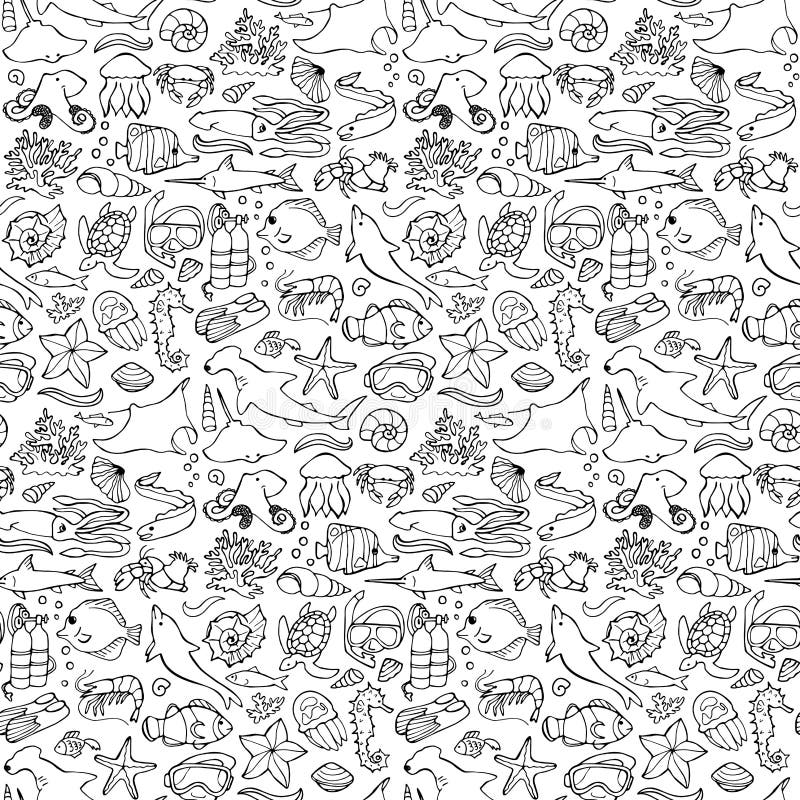 Sea Seamless Doodle Pattern Stock Vector - Illustration of diving, fish ...