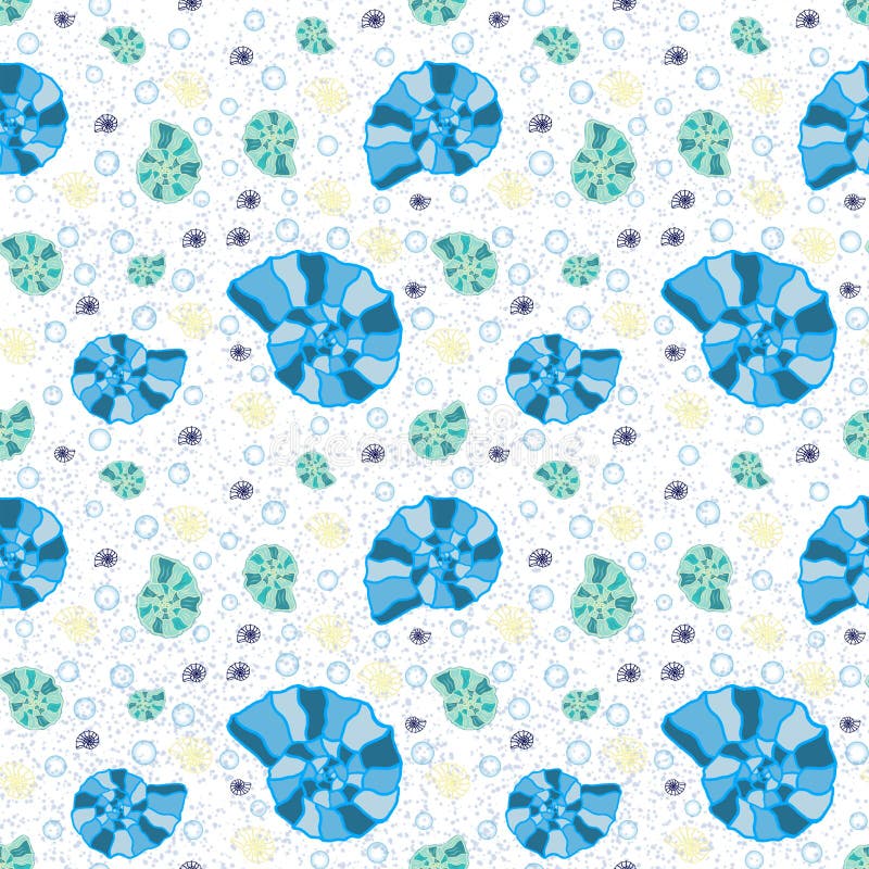 Sea Seamless Pattern with Blue Seashells and Bubbles. Stock ...