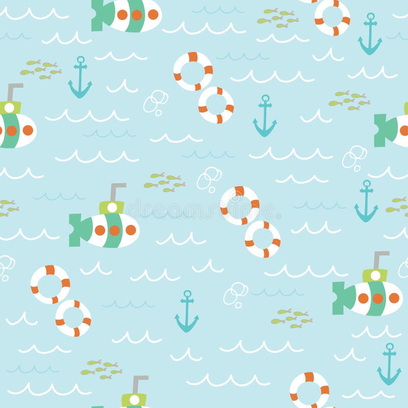 Sea Seamless Pattern with Lifebuoy, Submarine, Anchor and Fish Stock ...
