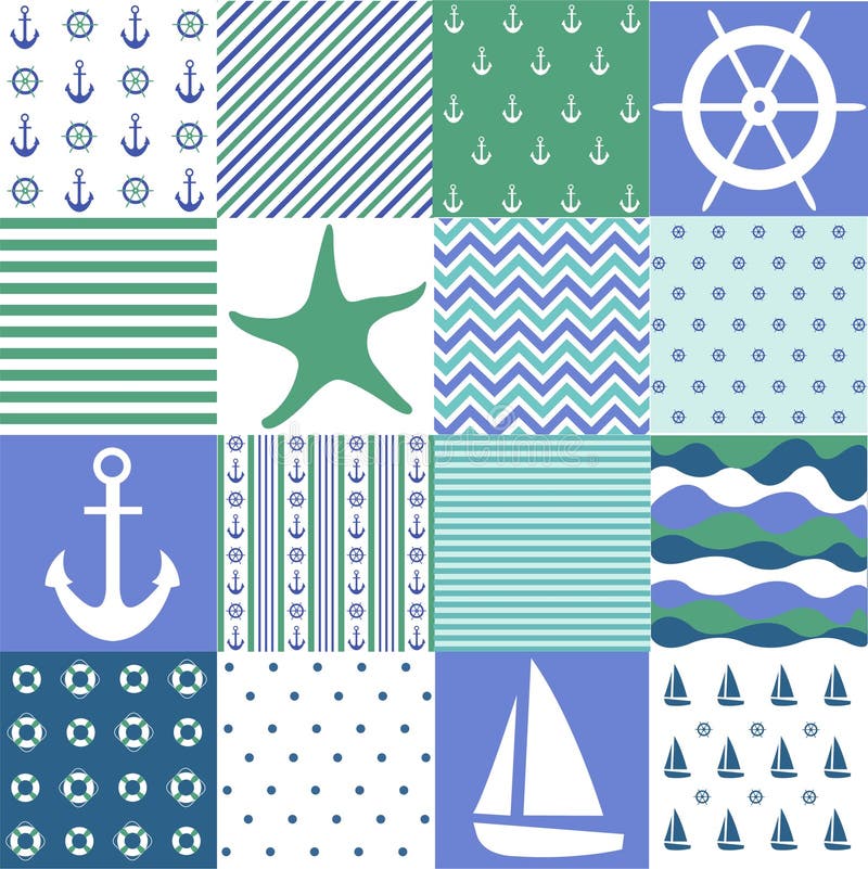 Sea Seamless Patterns, Nautical Design, Marine Elements Stock Vector ...