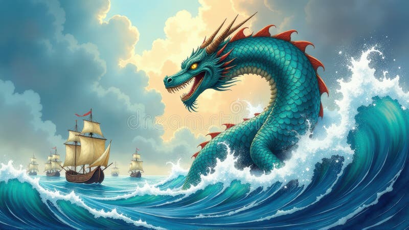 Sea Serpent and Sailing Ships Stock Illustration - Illustration of ...