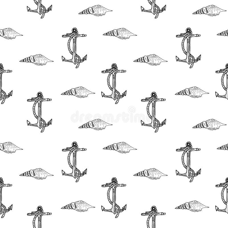 Pattern with Anchors and Shells. Black and White Drawing on a White ...