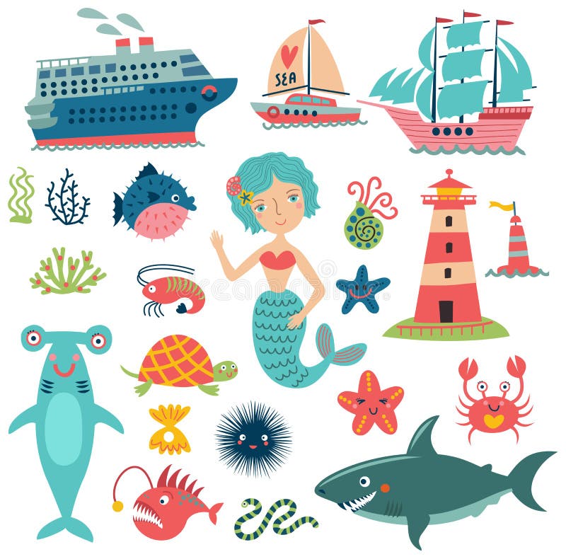 Sea Set Characters Collection Stock Vector - Illustration of animal ...