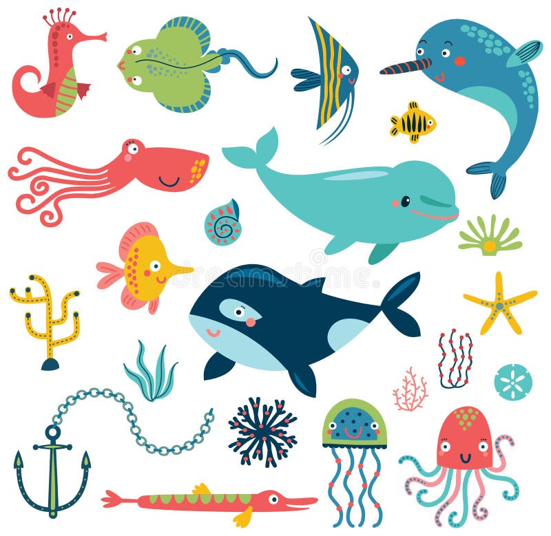 Sea Set Characters Collection Vector Stock Vector - Illustration of ...
