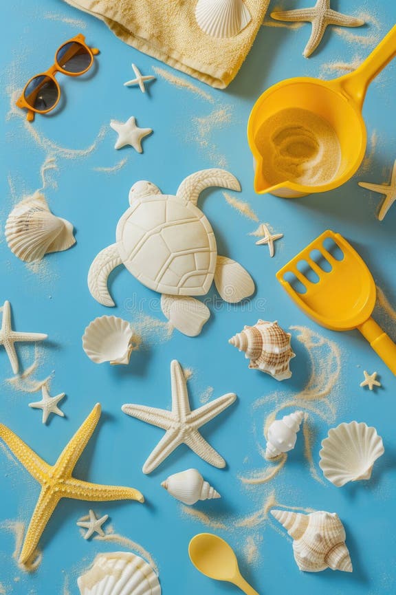 Sea Shell Assortment on a Blue Table Stock Image - Image of generated ...