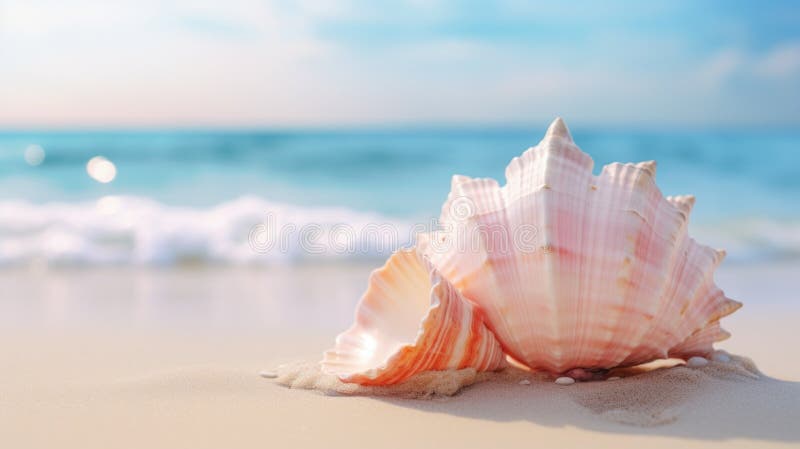 Sea Shell on the Beach with Ocean Waves, AI Stock Image - Image of ...