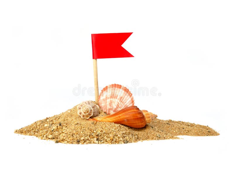 Sea Shell and Flag in Sand Pile Isolated on White Background, Side View ...
