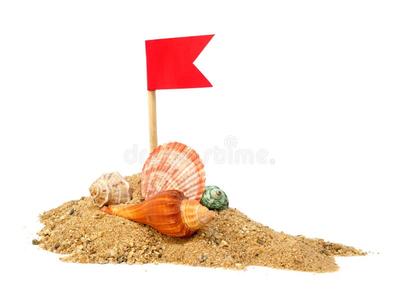 Sea Shell and Flag in Sand Pile Isolated on White Background, Side View ...