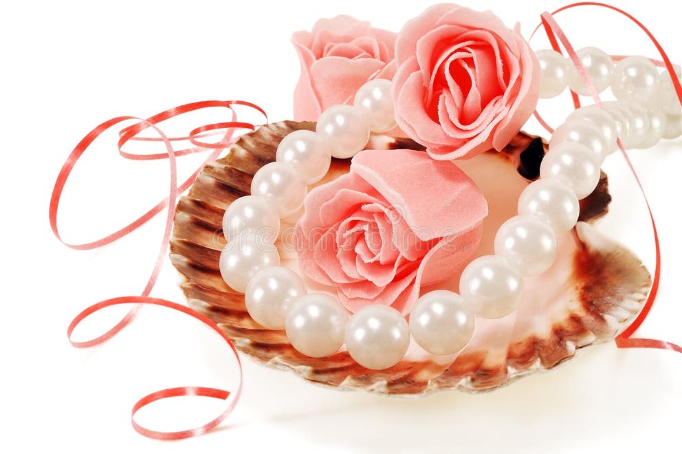 Sea Shell with Pearls and a Rose Stock Photo - Image of clamshell ...