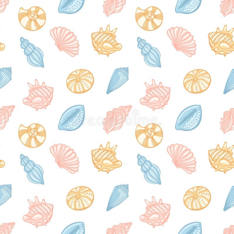 Sea Shell Seamless Pattern in Pastel Colors on a White Background ...