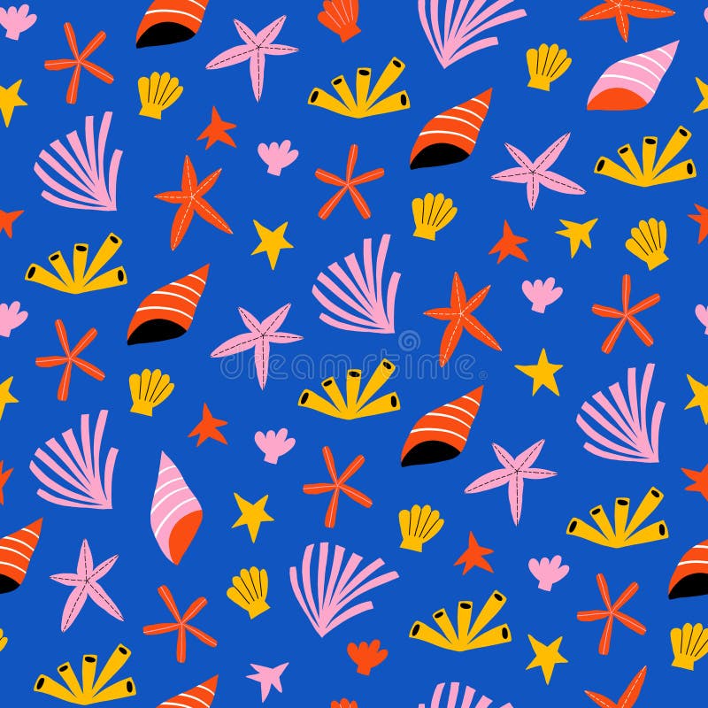 Sea Shell and Starfish Seamless Pattern. Cute Flat Hand Drawn Coral ...