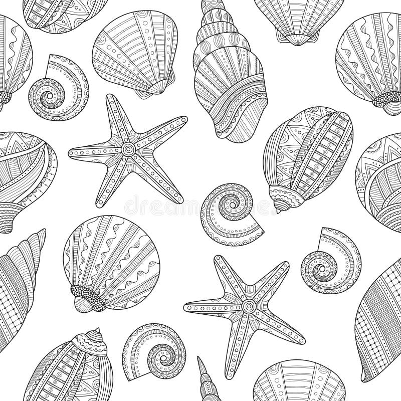 Sea Shells. Black and White Seamless Pattern for Coloring Book, Stock ...