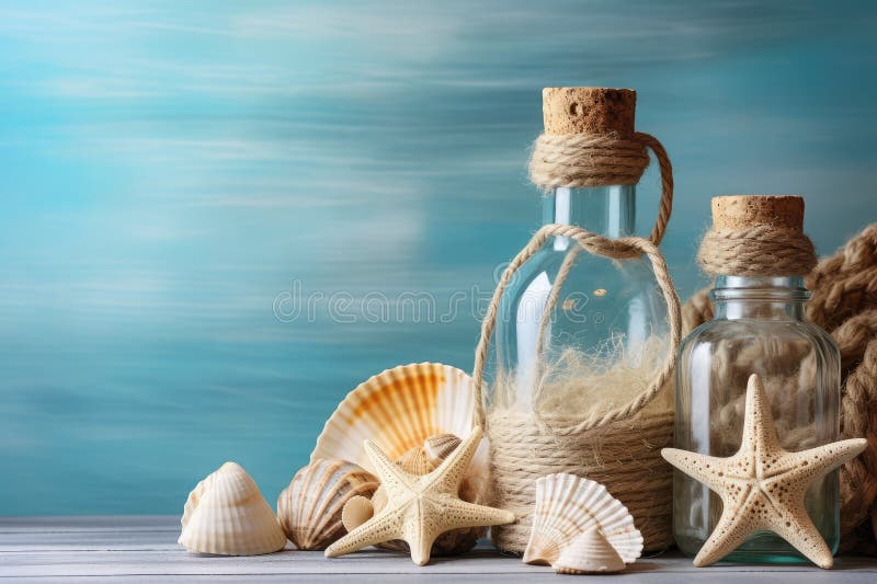 Sea Shells Blue Background, Seashells, Rope and Bottles Mockup in Rustic Style Texture, Wood ...