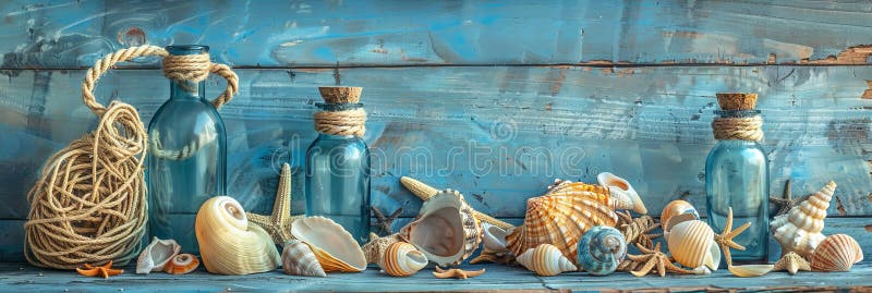 Sea Shells Blue Background, Seashells, Rope and Bottles Mockup in ...