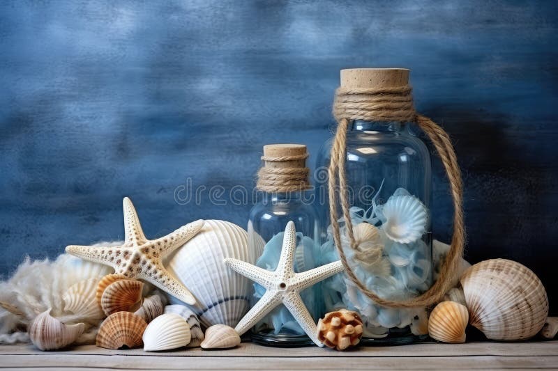 Sea Shells Blue Background, Seashells, Rope and Bottles Mockup in Rustic Style Texture, Wood ...