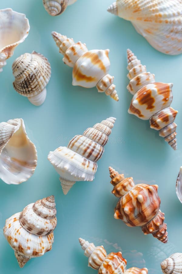 Sea Shells on a Blue Surface, Ideal for Beach-themed Designs Stock ...
