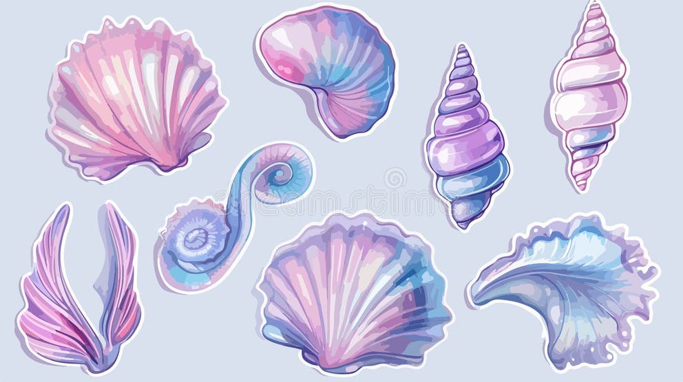 Sea Shells Cute Stickers Vector Set on Transparent Background Stock ...