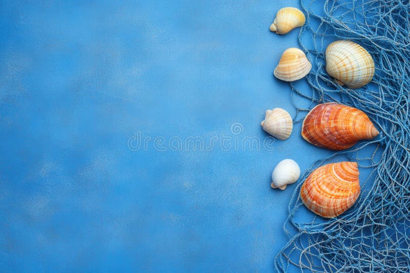 Sea Shells and a Fishing Net Displayed on a Blue Background Stock Image ...