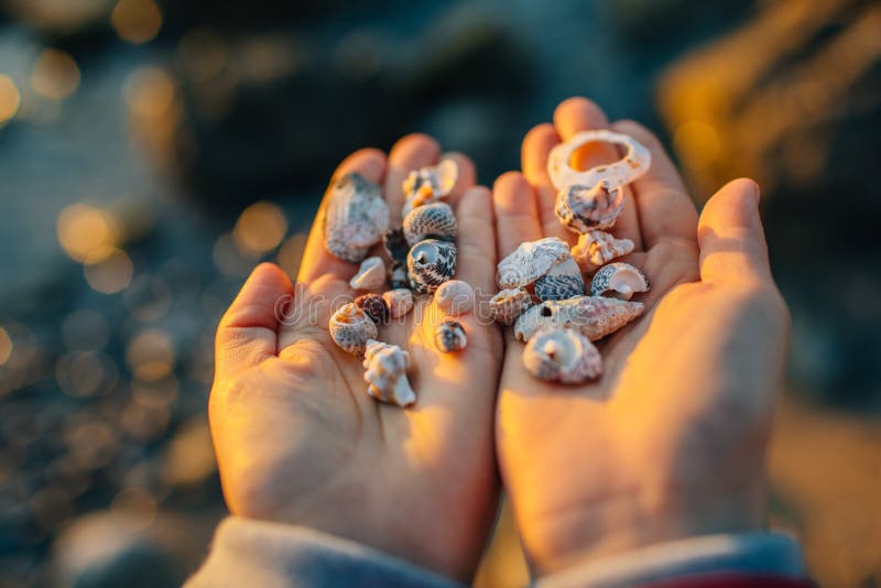Sea shells in the hand. stock illustration. Illustration of ocean ...