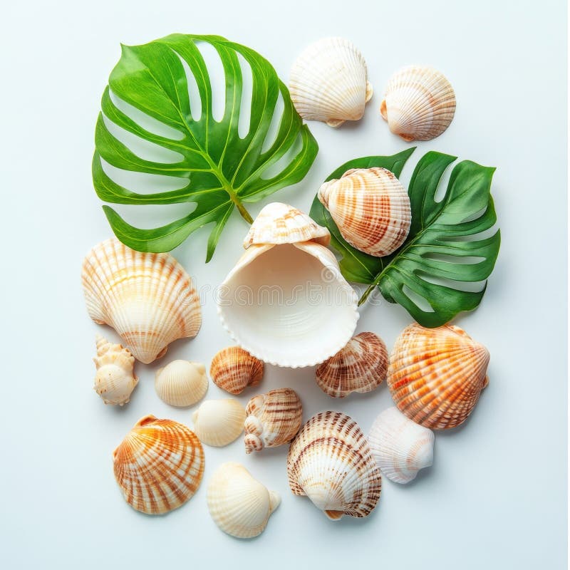 Sea Shells and Leaves on White Background. Flat Lay, Top View Stock ...