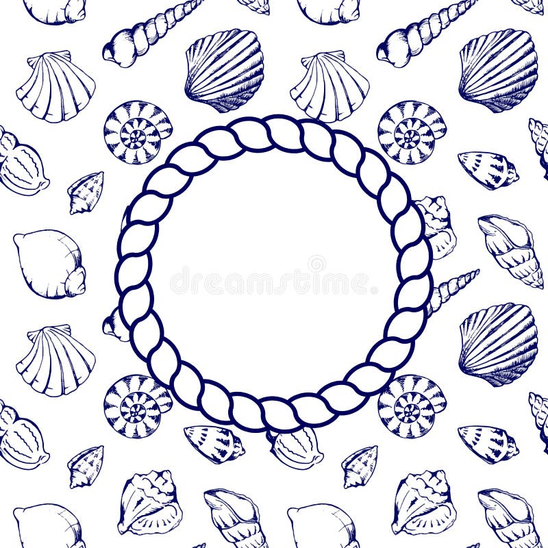 Sea Shells Navy Blue Circle Rope Frame Texture Background Vector Stock ...