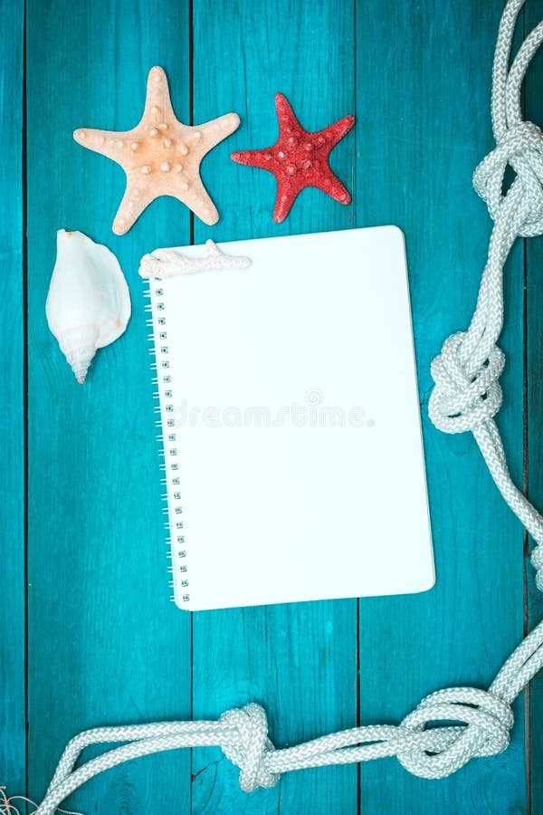 Sea Shells, Notepad and Rope on Old Boards Stock Photo - Image of ...