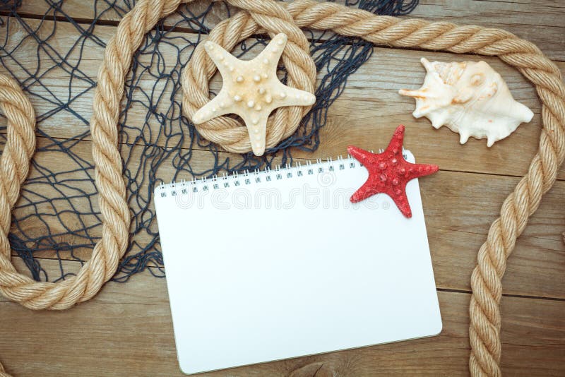 Sea Shells, Notepad and Rope on Old Boards Stock Image - Image of ...