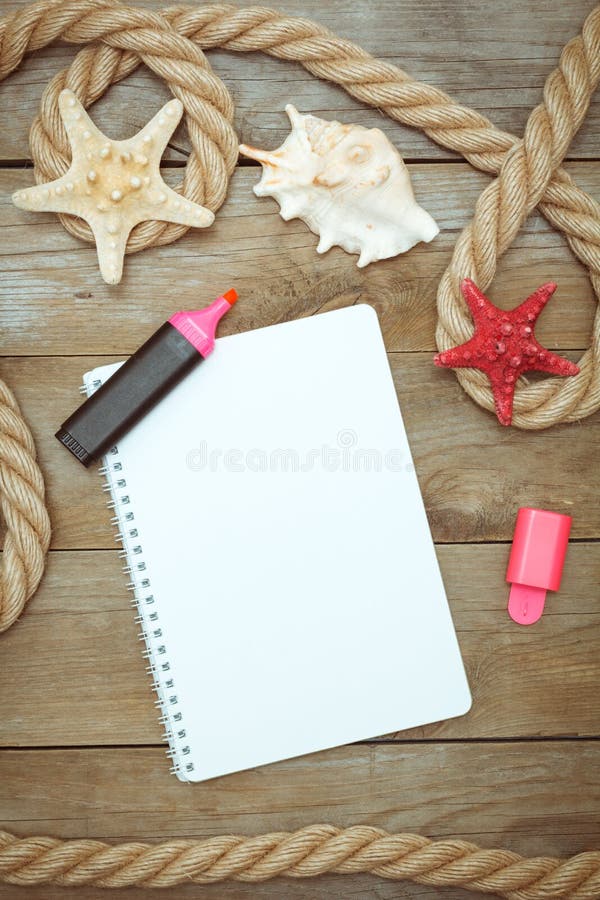 Sea Shells, Notepad and Rope on Old Boards Stock Photo - Image of ...