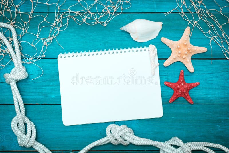 Sea Shells, Notepad and Rope on Old Boards Stock Photo - Image of wood ...