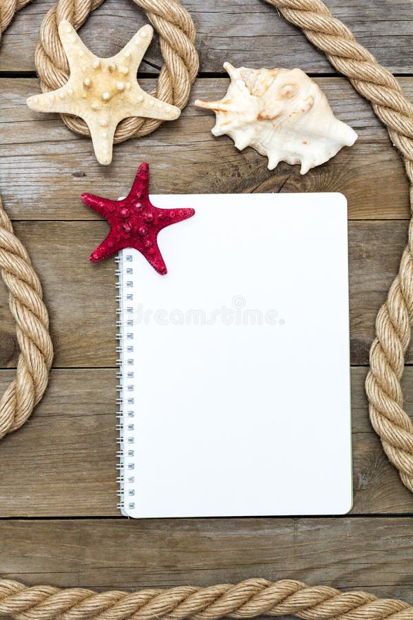 Sea Shells, Notepad and Rope on Old Boards Stock Photo - Image of ...