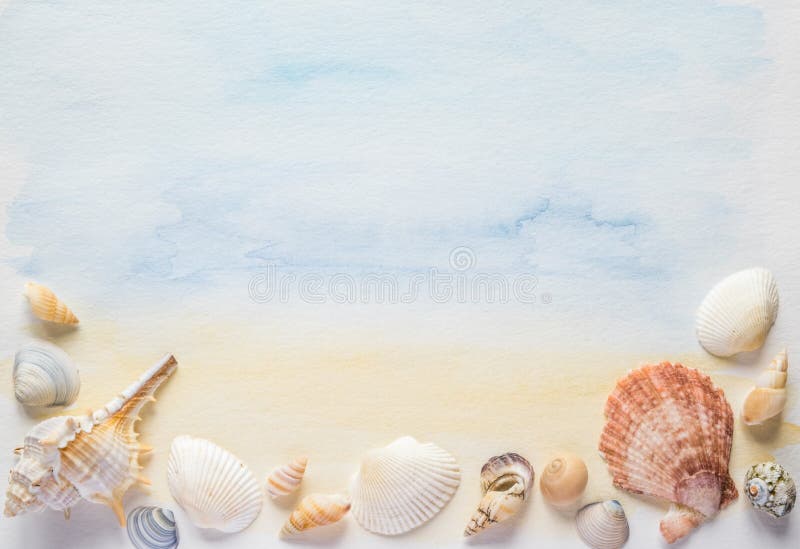 Sea Shells on the Pastel Watercolor Hand Painted Sea Background Stock ...