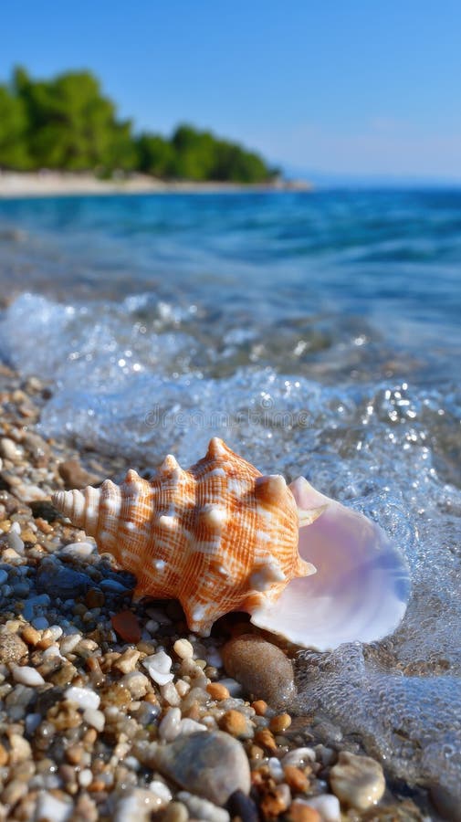 Sea Shells on Pebble Beach with Clear Blue Water and Sky for Summer ...