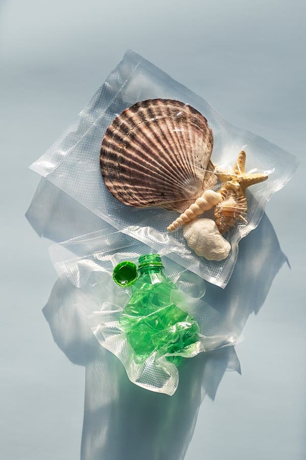 Sea Shells and Plastic Bottle Vacuum-sealed Pack. Nature Vs Plastic ...