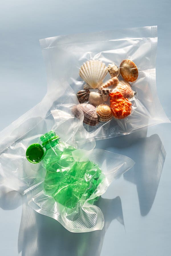 Sea Shells and Plastic Bottle Vacuum-sealed Pack. Nature Vs Plastic ...