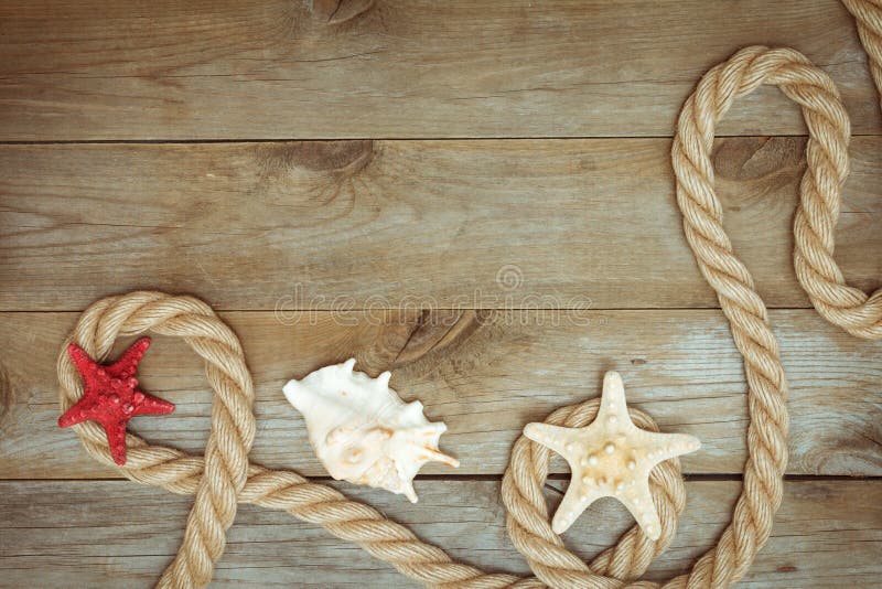Sea Shells and Rope on Old Boards Stock Photo - Image of seashell ...