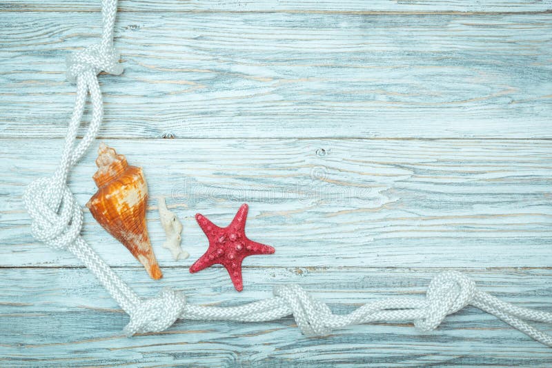 Sea Shells and Rope on Old Boards Stock Photo - Image of white, cord ...