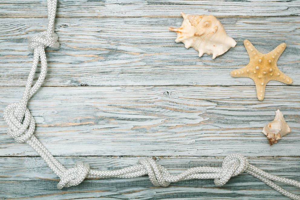 Sea Shells and Rope on Old Boards Stock Image - Image of element, flat ...