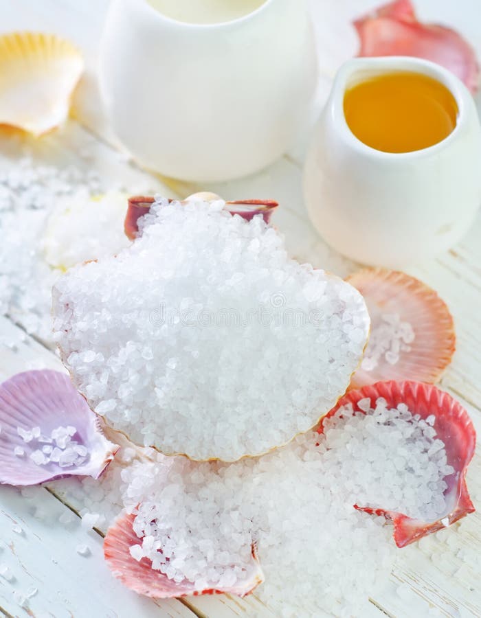 Sea shells and salt stock image. Image of products, pampering - 41660205