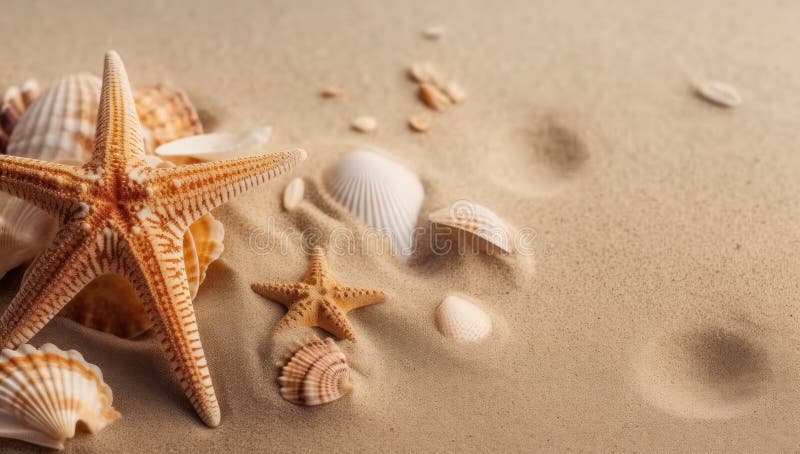 Sea Shells with Sand As Background. Seashells and Starfish Stock ...