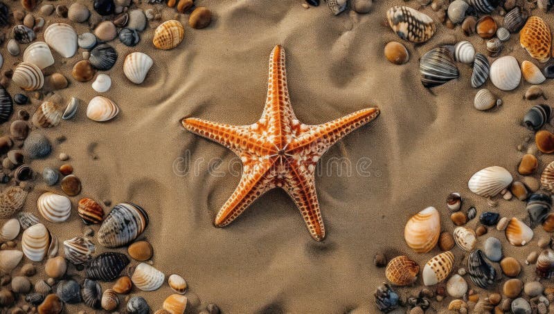Sea Shells with Sand As Background. Seashells and Starfish Stock ...