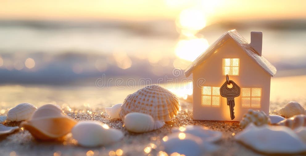 Sea Shells on the Sandy Beach are Paired with a Model House and a Key ...