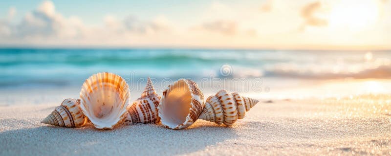 Sea Shells on Sandy Beach at Sunrise, Tranquil Ocean View. Nature and ...