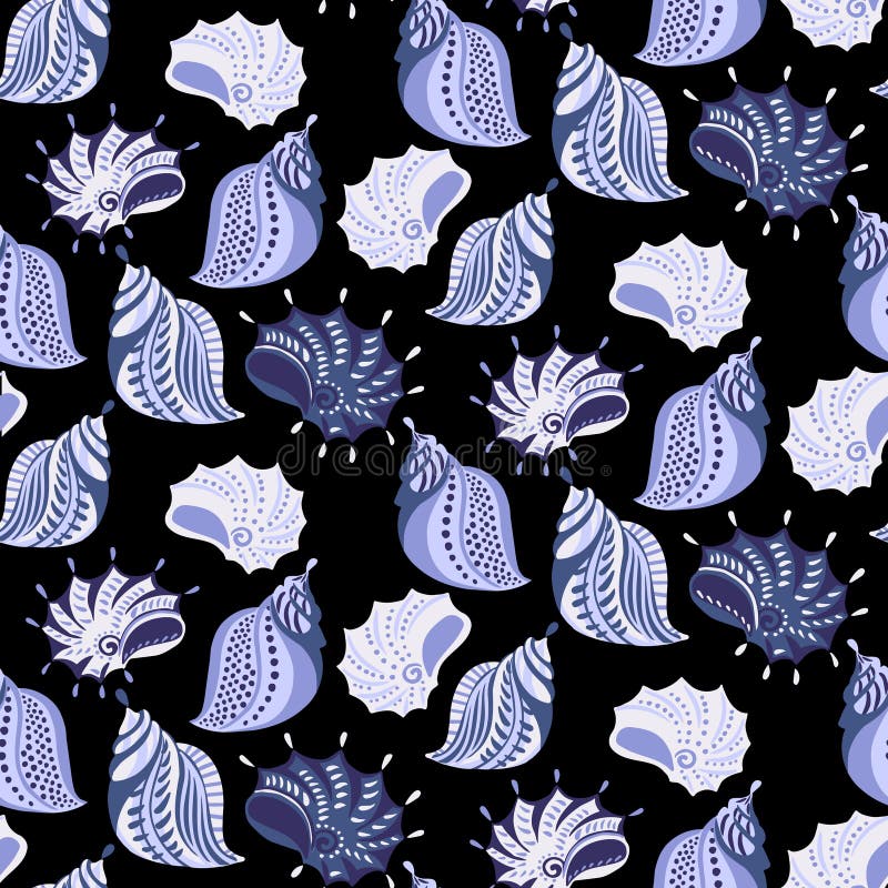 Sea Shells Seamless Pattern with Bright Blue Seashells. Cute Marine ...