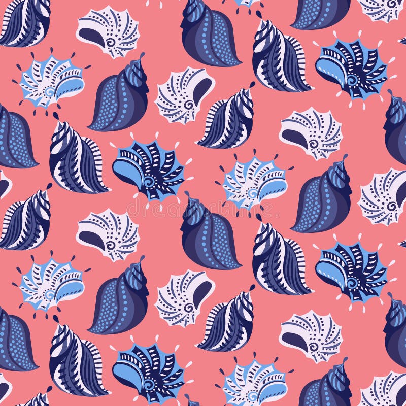 Sea Shells Seamless Pattern with Bright Blue Seashells. Cute Marine ...