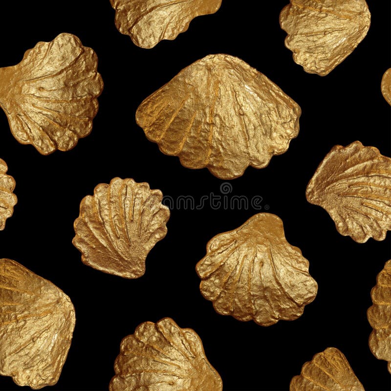 Sea Shells Seamless Pattern. Hand Painted Gold Background Stock Photo ...