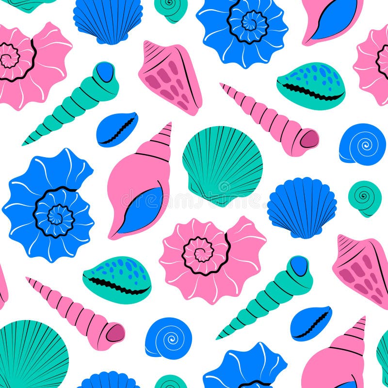 Sea Shells Seamless Pattern on White Background in Trendy Flat Style ...